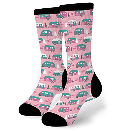 Atuedesty Funny Dress Socks For Men and Women Happy Camp Pink Retro Flamingo Camping Novelty Leisure Socks Athletic Lightweight Crew Sock for Running Indoor Outdoor Boat Cold Weather Wear