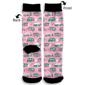 Atuedesty Funny Dress Socks For Men and Women Happy Camp Pink Retro Flamingo Camping Novelty Leisure Socks Athletic Lightweight Crew Sock for Running Indoor Outdoor Boat Cold Weather Wear