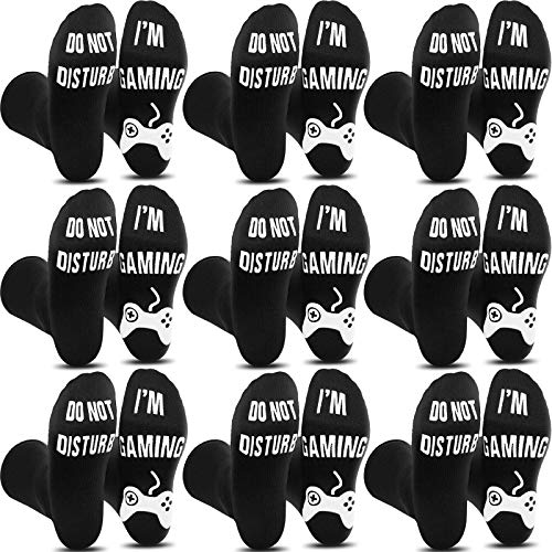 Novelty Gaming Socks Do Not Disturb I'm Gaming Funny Gamer Socks Non Slip Socks for Game Lover (Black-White,9 Pairs)