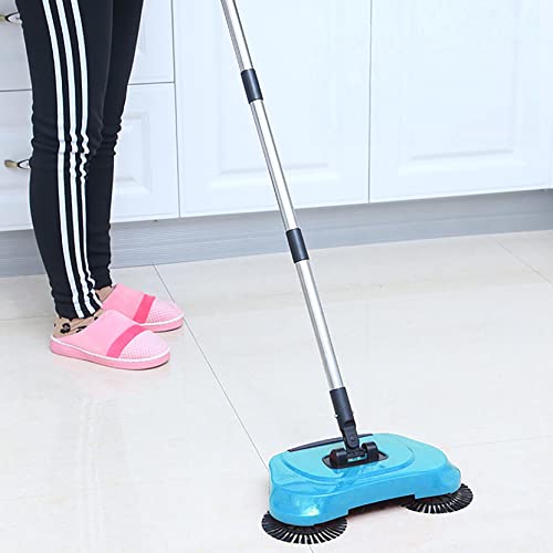 Foldable Hand Push Automatic Sweeper, Dry Sweep and Wet Drag 2 in 1 Sweeper, Home Sweeping Mopping Machine, Floor Sweeper with 2 Corner Edge Brushes for Pet Hair, Food, Dirt (Blue)