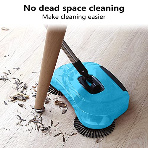 Foldable Hand Push Automatic Sweeper, Dry Sweep and Wet Drag 2 in 1 Sweeper, Home Sweeping Mopping Machine, Floor Sweeper with 2 Corner Edge Brushes for Pet Hair, Food, Dirt (Blue)