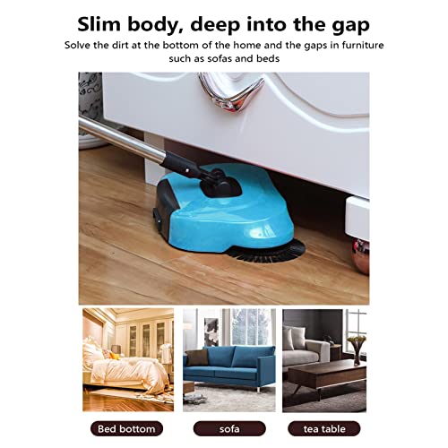 Foldable Hand Push Automatic Sweeper, Dry Sweep and Wet Drag 2 in 1 Sweeper, Home Sweeping Mopping Machine, Floor Sweeper with 2 Corner Edge Brushes for Pet Hair, Food, Dirt (Blue)