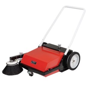 vestil jan-ii manual brush sweeper, belt driven, 10 gal capacity, main broom 10″ x 19″, side broom 13″, red