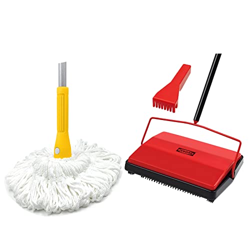 JEHONN Carpet Floor Sweeper Manual with Horsehair, Self Wringing Mop with 2 Washable Heads