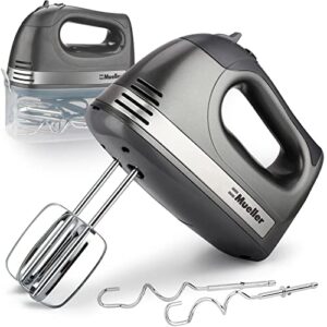 mueller electric hand mixer, 5 speed 250w turbo with snap-on storage case and 4 stainless steel accessories for easy whipping, mixing cookies, brownies, cakes, and dough batters