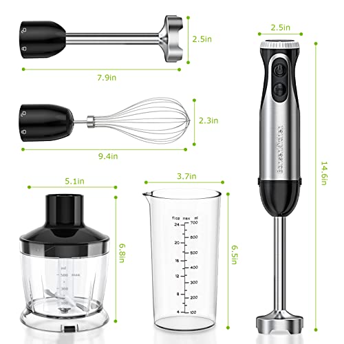 Immersion Handheld Blender, Bonsenkitchen Stainless Steel Hand Stick Blender, 20-Speed and Turbo, 4-In-1 Hand Blender with Egg Whisk, 24oz Beaker & 17oz Chopper Bowl for Smoothies, Puree, Baby Food