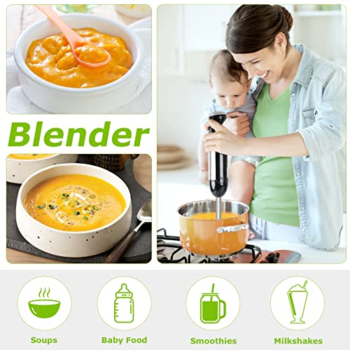 Immersion Handheld Blender, Bonsenkitchen Stainless Steel Hand Stick Blender, 20-Speed and Turbo, 4-In-1 Hand Blender with Egg Whisk, 24oz Beaker & 17oz Chopper Bowl for Smoothies, Puree, Baby Food