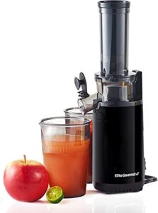 elite gourmet ejx600 compact small space-saving masticating slow juicer, cold press juice extractor, nutrient and vitamin dense, easy to clean, 16 oz juice cup, charcoal grey