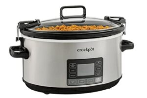 crockpot portable 7 quart slow cooker with locking lid and auto adjust cook time technology, stainless steel