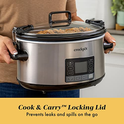 Crockpot Portable 7 Quart Slow Cooker with Locking Lid and Auto Adjust Cook Time Technology, Stainless Steel