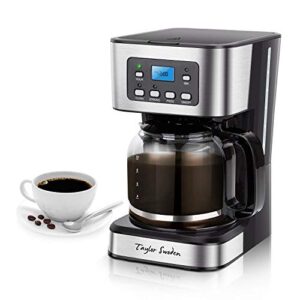 taylor swoden programmable coffee maker, 4-12 cups drip coffee machine with glass carafe, regular & strong brew, pause & serve for home and office