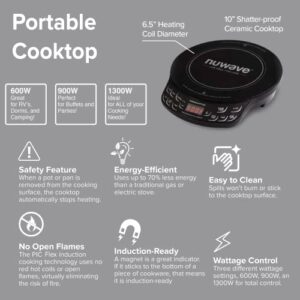 NUWAVE Flex Precision Induction Cooktop, Portable, Large 6.5” Heating Coil, Temperature from 100F to 500F, 3 Wattage Settings 600, 900, and 1300w