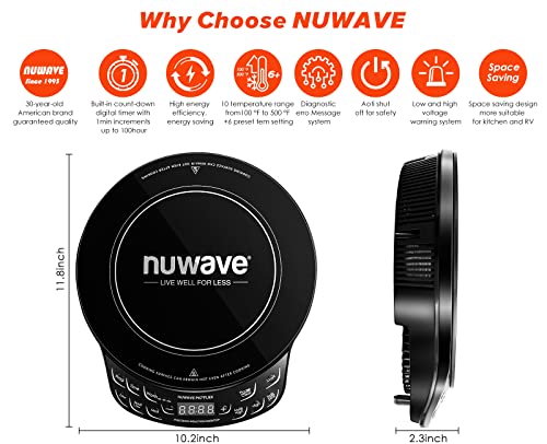 NUWAVE Flex Precision Induction Cooktop, Portable, Large 6.5” Heating Coil, Temperature from 100F to 500F, 3 Wattage Settings 600, 900, and 1300w