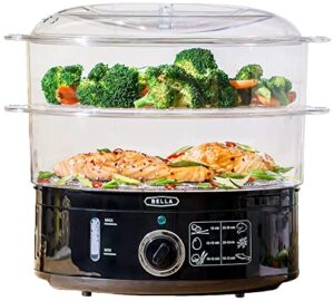 bella two tier food steamer, healthy, fast simultaneous cooking, stackable baskets for vegetables or meats, rice/grains tray, auto shutoff & boil dry protection, 7.4 qt, black