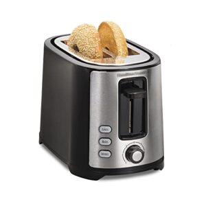 hamilton beach 2 slice extra wide slot toaster with bagel & defrost settings, shade selector, toast boost, auto shutoff, black & stainless steel (22633)