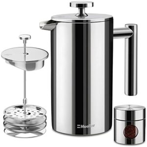 mueller french press double insulated 304 stainless steel coffee maker 4 level filtration system, no coffee grounds, rust-free, dishwasher safe