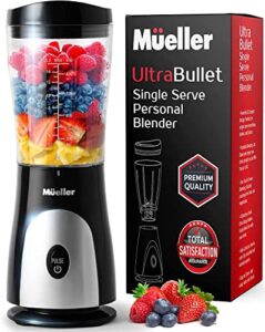 mueller ultra bullet personal blender for shakes and smoothies with 15 oz travel cup and lid, juices, baby food, heavy-duty portable blender & food processor, black