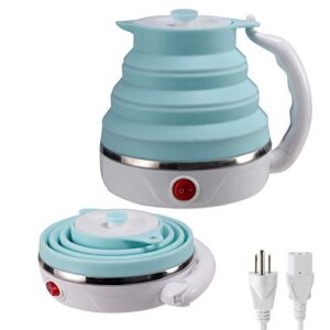 travel foldable electric kettle, collapsible electric kettle food grade silicone small electric kettle boiling water,dual voltage（600ml,110-220v us plug） (blue)