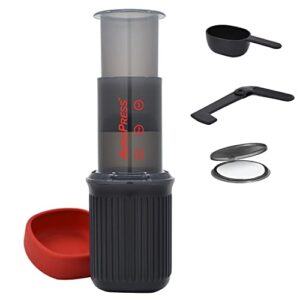 aeropress go portable travel coffee press kit, 1-3 cups in a minute, coffee, espresso, & cold brew maker, manual coffee making machine for travel, includes mug & lid