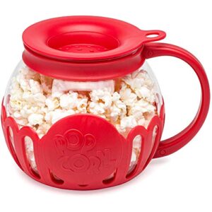 ecolution patented micro-pop microwave popcorn popper with temperature safe glass, 3-in-1 lid measures kernels and melts butter, made without bpa, dishwasher safe, 1.5-quart, red