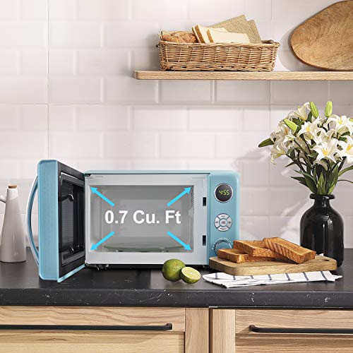 Galanz GLCMKA07BER-07 Retro Microwave Oven, LED Lighting, Pull Handle Design, Child Lock, Bebop Blue, 0.7 cu ft