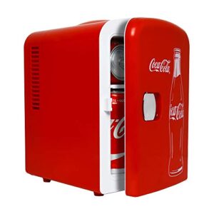 coca-cola classic coke bottle 4l mini fridge w/ 12v dc and 110v ac cords, 6 can portable cooler, personal travel refrigerator for snacks lunch drinks cosmetics, desk home office dorm, red