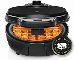 chefman anti-overflow belgian waffle maker w/shade selector, temperature control, mess free moat, round iron w/nonstick plates & cool touch handle, measuring cup included, black