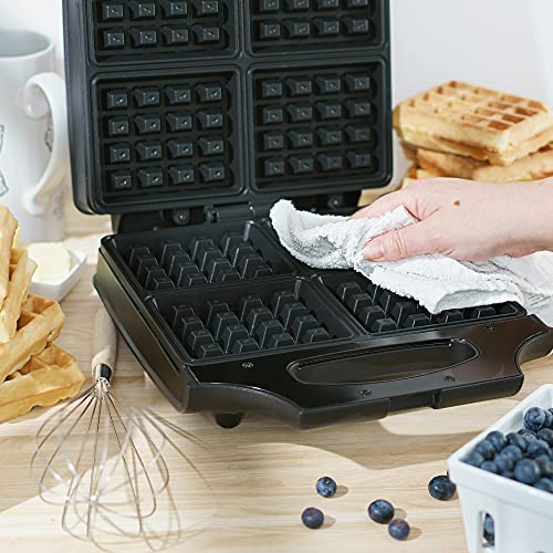 BELLA 4 Slice Non-Stick Belgian Waffle Maker, Fluffy Restaurant-Style Waffles in Under 6 Minutes, Quickly Makes 4 Large 4” x 4.5” & 1.2” Thick Waffles, Easily Wipe and Clean, Stainless Steel/Black