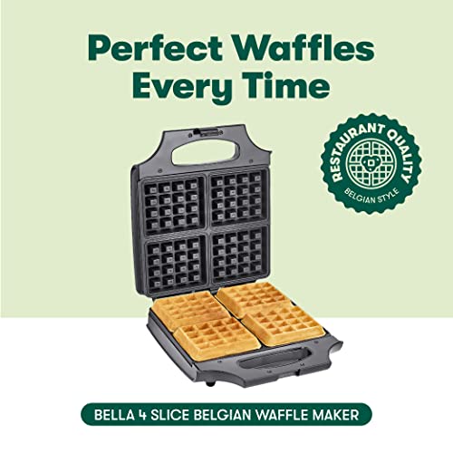 BELLA 4 Slice Non-Stick Belgian Waffle Maker, Fluffy Restaurant-Style Waffles in Under 6 Minutes, Quickly Makes 4 Large 4” x 4.5” & 1.2” Thick Waffles, Easily Wipe and Clean, Stainless Steel/Black