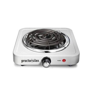 proctor silex electric single burner cooktop, compact and portable, adjustable temperature hot plate, 1200 watts, 34106, white & stainless