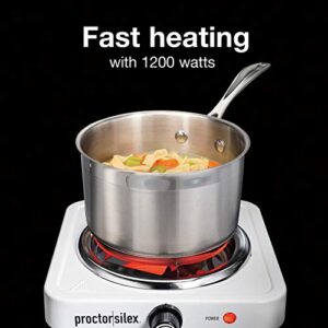 Proctor Silex Electric Single Burner Cooktop, Compact and Portable, Adjustable Temperature Hot Plate, 1200 Watts, 34106, White & Stainless