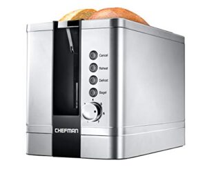 chefman 2-slice pop-up stainless steel toaster w/ 7 shade settings, extra wide slots for toasting bagels, defrost/reheat/cancel functions, removable crumb tray, 850w, 120v, silver