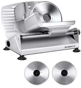 meat slicer, anescra 200w electric deli food slicer with two removable 7.5’’ stainless steel blades and food carriage, 0-15mm adjustable thickness meat slicer for home, food slicer machine- silver