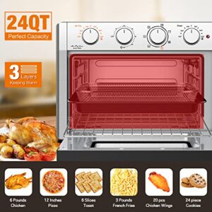 WEESTA Large Air Fryer Toaster Oven, 24 QT, 7-in-1 Convection Oven with Roast, Bake, Broil, 4 Accessories and E-Recipes, 450°F, 1500W, Silver