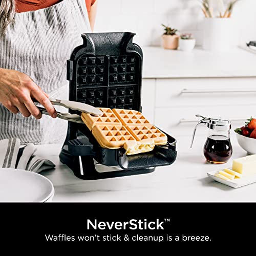 Ninja BW1001 NeverStick PRO Belgian Waffle Maker, Vertical Design, 5 Shade Settings, with Precision-Pour Cup & Chef-curated Recipe Guide, Black & Silver