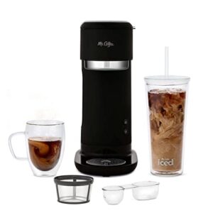 mr. coffee iced and hot coffee maker, single serve machine with 22-ounce tumbler and reusable coffee filer, black