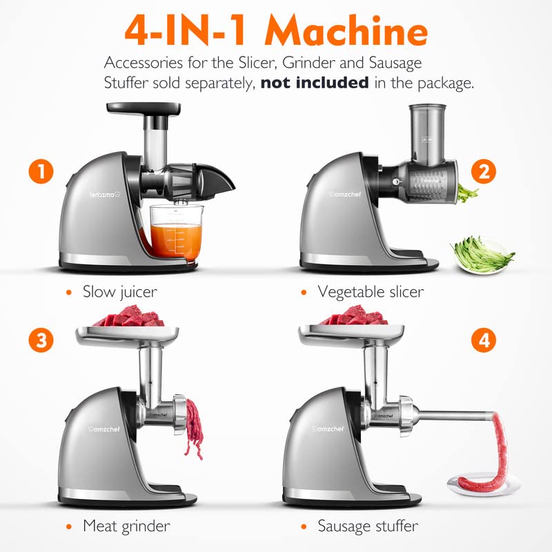 Masticating Juicer Machines, AMZCHEF Slow Cold Press Juicer with Reverse Function, High Juice Yield, Easy Clean with Brush,Recipes for High Nutrient Fruits and Vegetables, Gray(Updated)