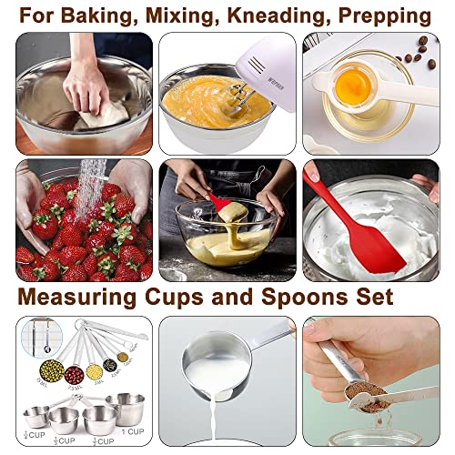 Electric Hand Mixer Mixing Bowls Set, Upgrade 5-Speeds Handheld Mixers with 5 Nesting Stainless Steel Mixing Bowl, Measuring Cups and Spoons Whisk Blender Kitchen Cooking Baking Supplies For Beginner