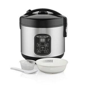 hamilton beach digital programmable rice cooker & food steamer, 8 cups cooked (4 uncooked), with steam & rinse basket, stainless steel (37518)