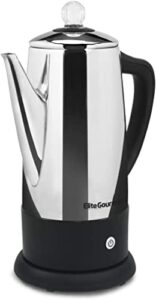 elite gourmet ec812 electric coffee percolator with keep warm, clear brew progress knob cool-touch handle cord-less serve, 12-cup, stainless steel