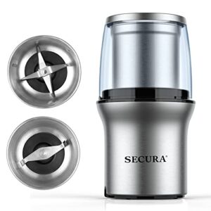 secura electric coffee grinder and spice grinder with 2 stainless steel blades removable bowls