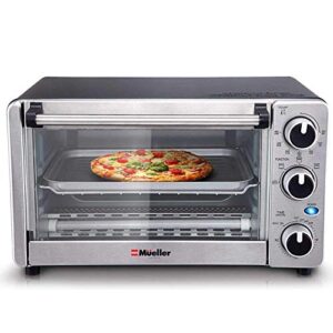 toaster oven 4 slice, multi-function stainless steel finish with timer – toast – bake – broil settings, natural convection – 1100 watts of power, includes baking pan and rack by mueller austria