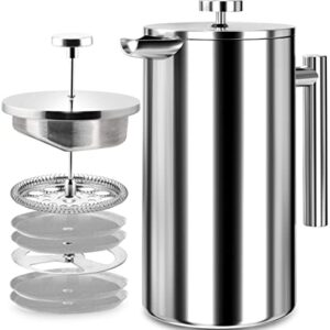 Utopia Kitchen - 304 Grade Stainless Steel French Press Coffee Maker 34oz (1 Litre) with 4 Level Filtration System - Double Wall Insulated Coffee Press with 2 Extra Filters - Silver