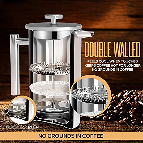 Utopia Kitchen - 304 Grade Stainless Steel French Press Coffee Maker 34oz (1 Litre) with 4 Level Filtration System - Double Wall Insulated Coffee Press with 2 Extra Filters - Silver