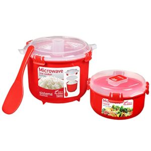 sistema microwave rice cooker and steamer bowl for vegetables with steam release vent, dishwasher safe, red