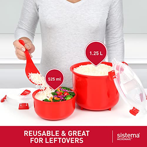 Sistema Microwave Rice Cooker and Steamer Bowl for Vegetables with Steam Release Vent, Dishwasher Safe, Red