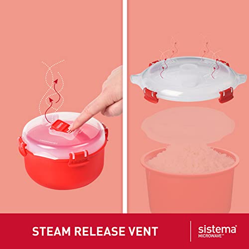 Sistema Microwave Rice Cooker and Steamer Bowl for Vegetables with Steam Release Vent, Dishwasher Safe, Red