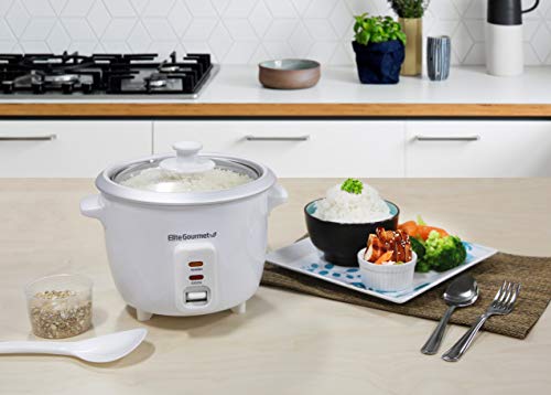 Elite Cuisine ERC-003 Electric Rice Cooker with Automatic Keep Warm Makes Soups, Stews, Grains, Hot Cereals, White, 6 Cups Cooked (3 Cups Uncooked)