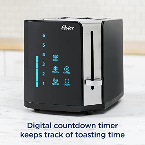 Oster 2-Slice Toaster, Touch Screen with 6 Shade Settings and Digital Timer, Black/Stainless Steel