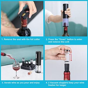 Electric Wine Opener with Charging Base, Moocoo Cordless Electric Wine Bottle Opener with 2-in-1 Aerator &Pourer, Foil Cutter, 2 Vacuum Preservation Stoppers, Display Charging Station for Easy Storage